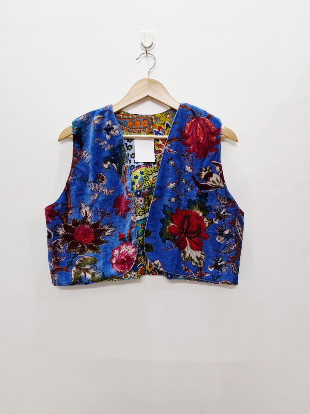 Blue Velvet Vest Floral Print Waistcoat Vintage Style Unisex Overcoat ...