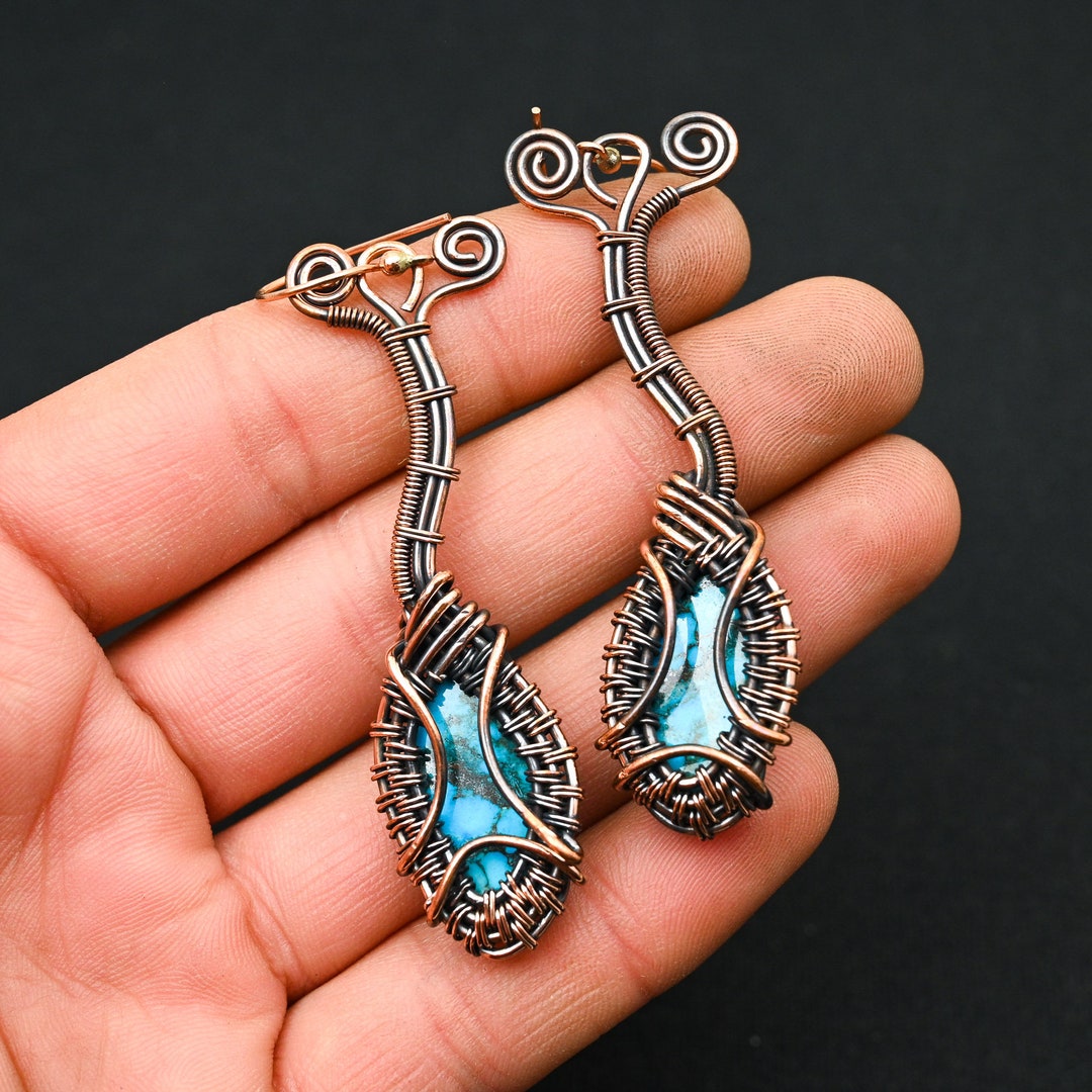 Blue Turquoise Earring Copper Wire Wrapped Earring Gemstone Copper ...