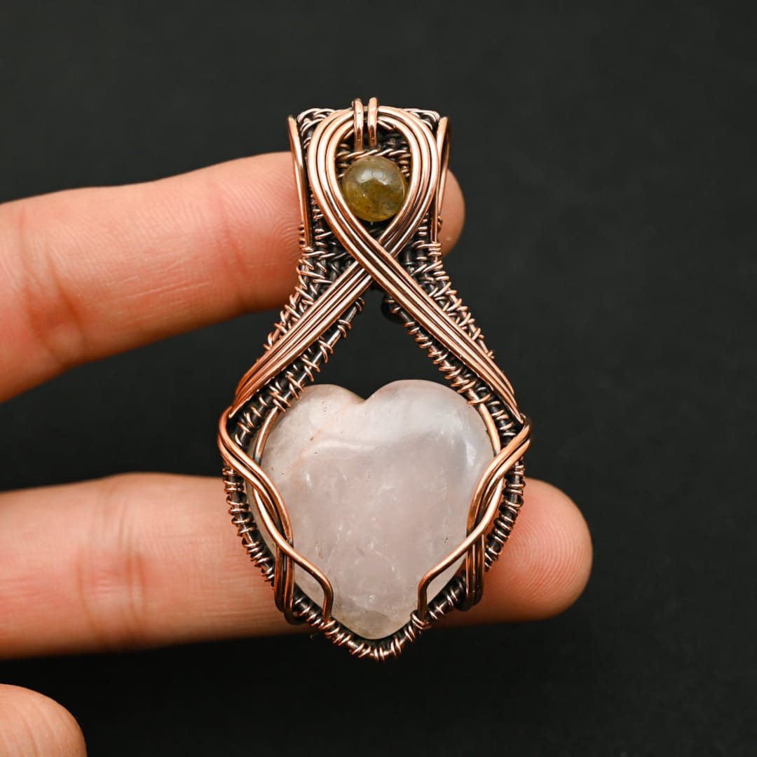 Rose Quartz Copper Pendant Copper Wire Wrapped Pendant Gemstone Pendant ...
