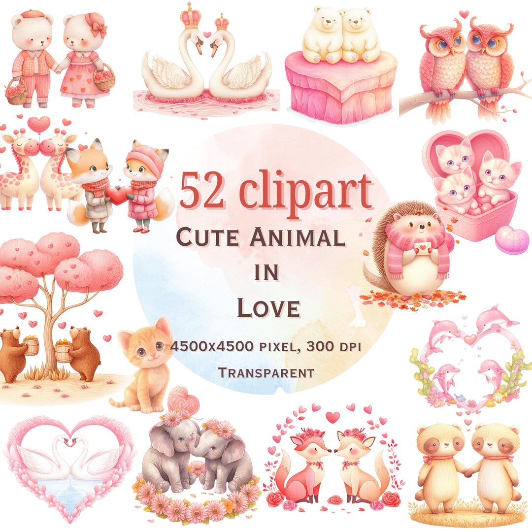 52 Cute Animals in Love Clipart, Valentine’s Day Animal Couple ...