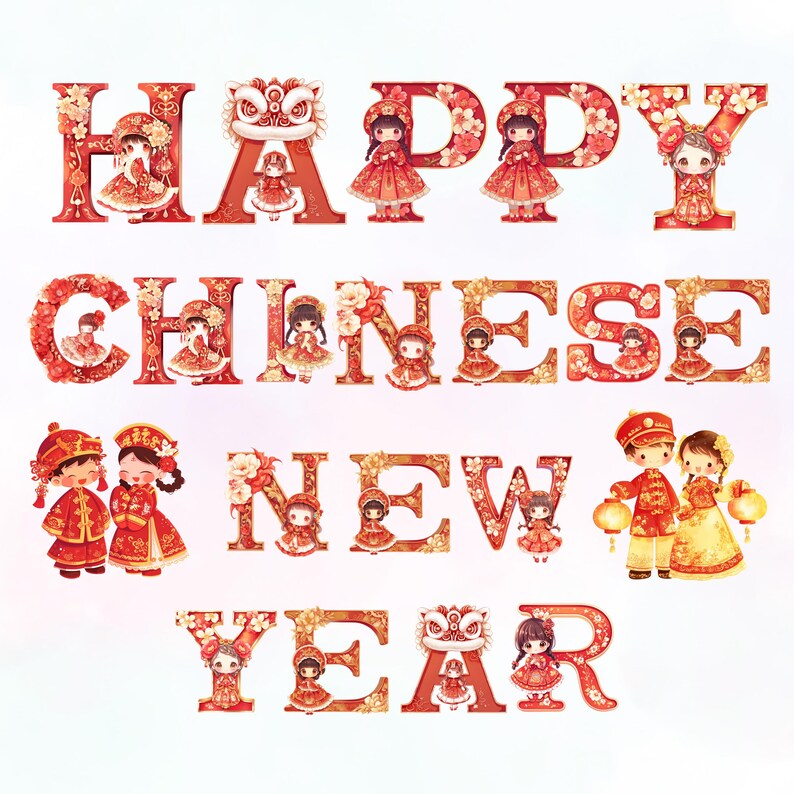 Chinese New Year Alphabet A-Z Numbers 0-9, Digital Clipart Set, Lunar ...