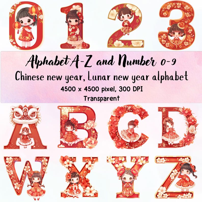 Chinese New Year Alphabet A-Z Numbers 0-9, Digital Clipart Set, Lunar ...