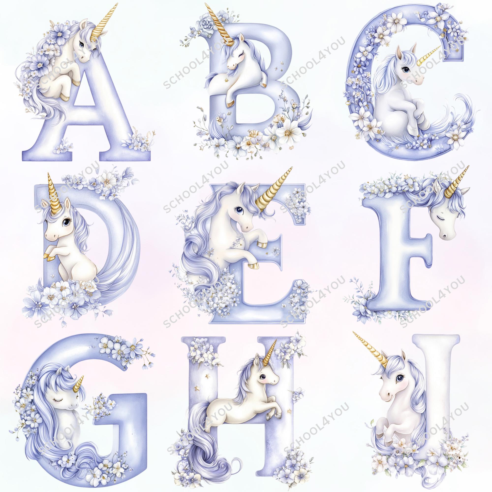 Whimsical Watercolor Blue Unicorn Alphabet Nursery Art, Personalized ...