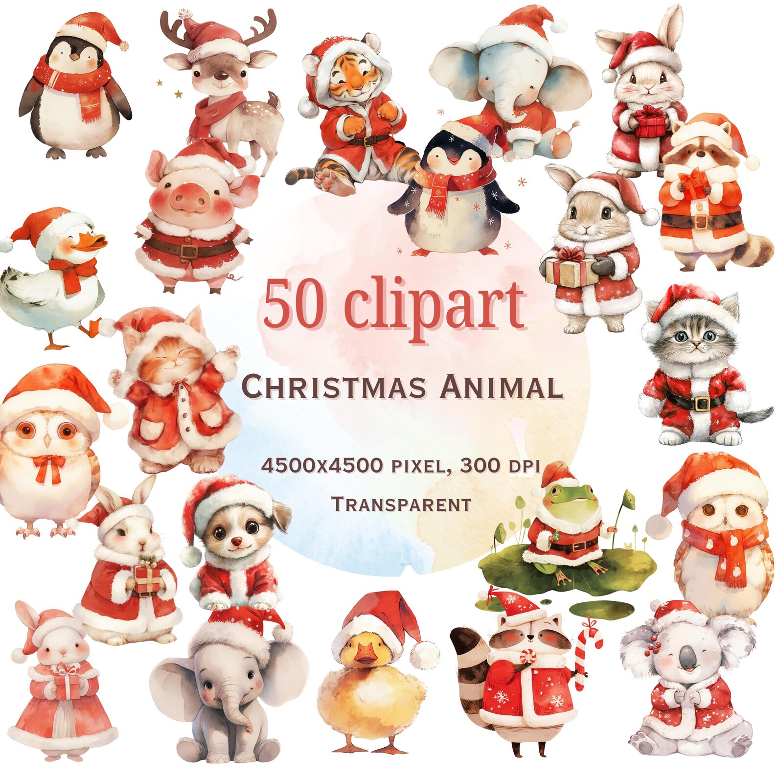 Christmas Animal Clipart: 50 Festive Holiday Designs (digital Download ...