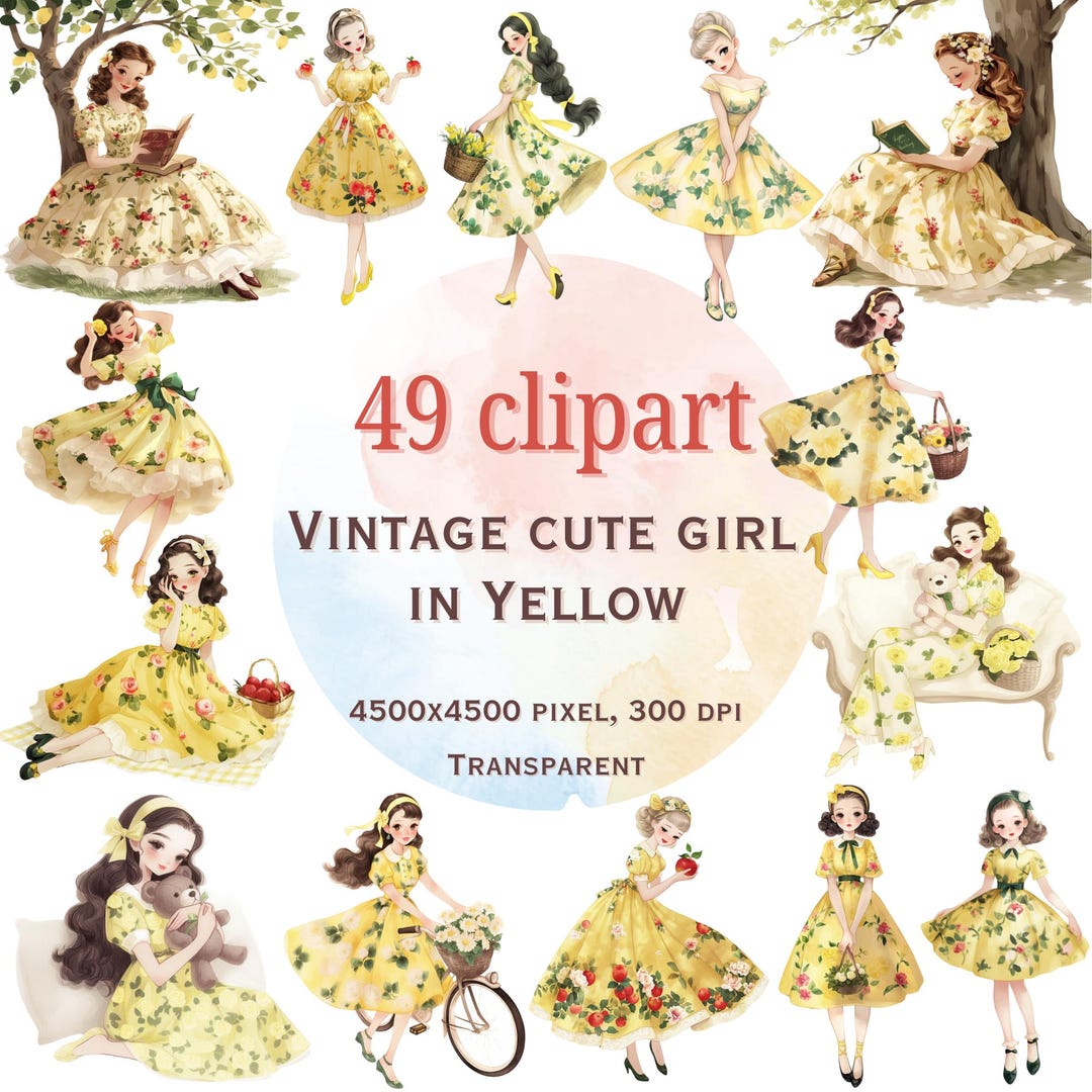 Vintage Cute Girls in Yellow Costumes 49 Clipart Set, Retro Digital ...