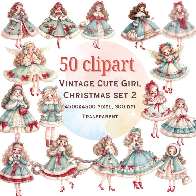 50 Clipart Vintage Girl Illustrations in Christmas Green Costume ...