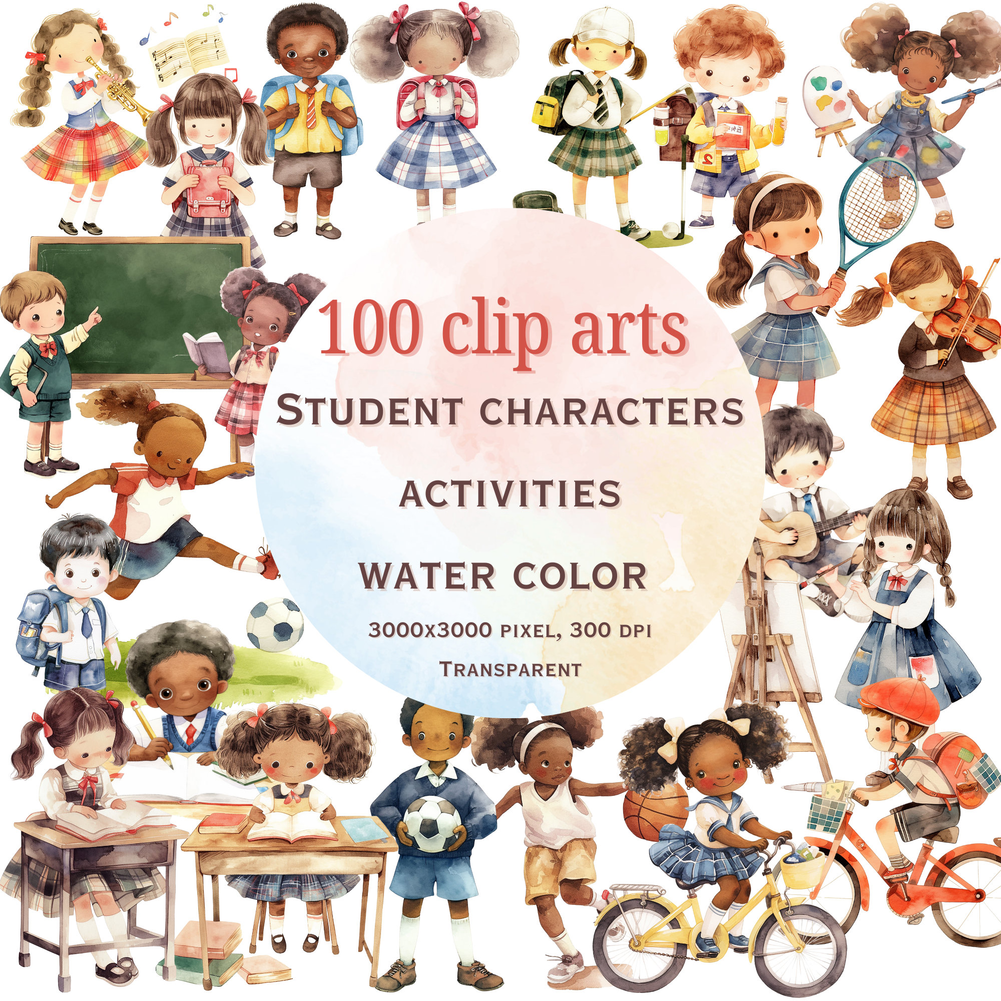 Watercolor Student Clip Art: Back to School Illustrations (digital ...