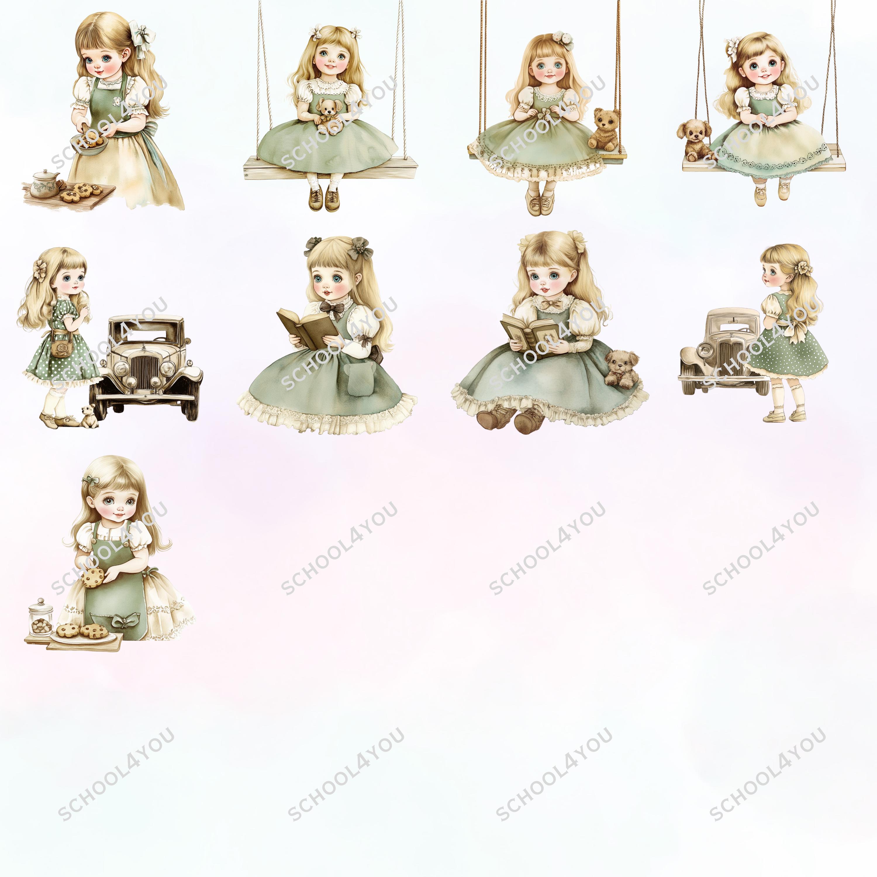 42 Vintage Cute Girls in Green Costumes Clipart Set, Retro Digital ...