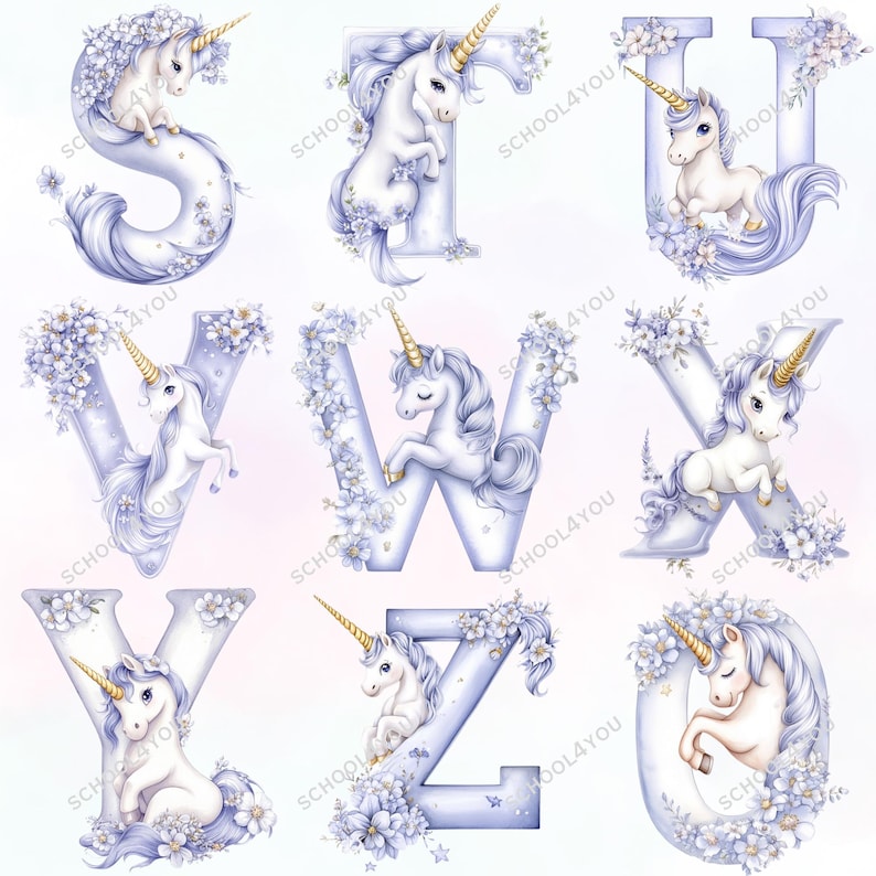 Whimsical Watercolor Blue Unicorn Alphabet Nursery Art, Personalized ...