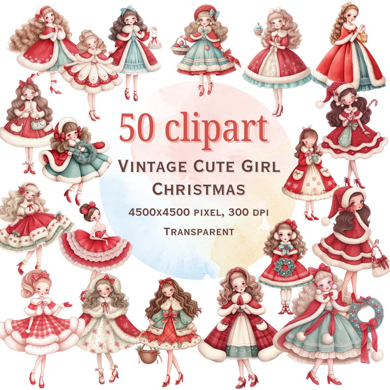 50 Clipart Vintage Girl Illustrations in Christmas Red Costume – Retro ...