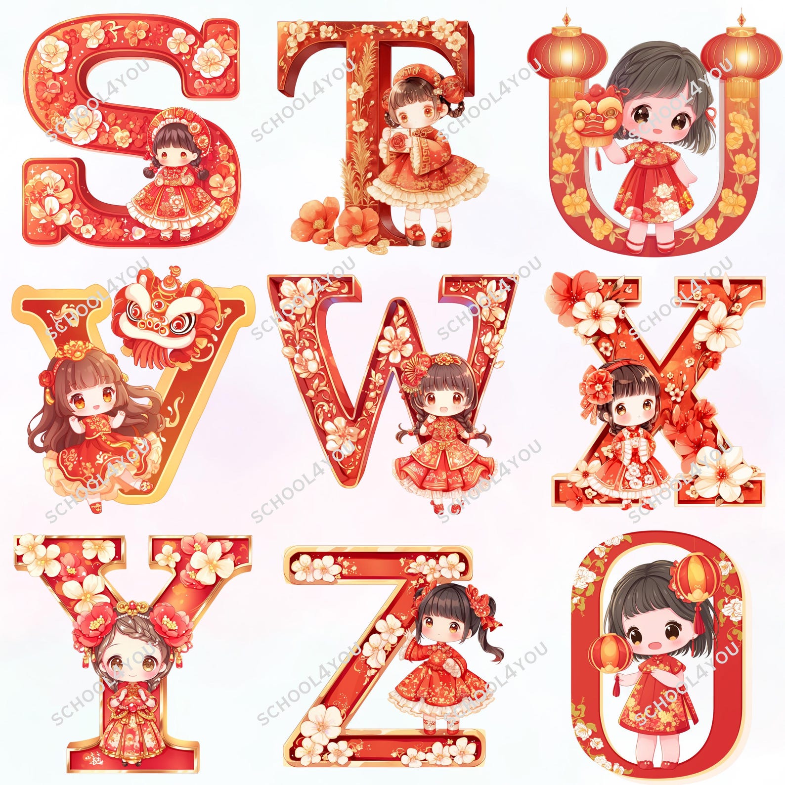 Chinese New Year Alphabet A-Z Numbers 0-9, Digital Clipart Set, Lunar ...