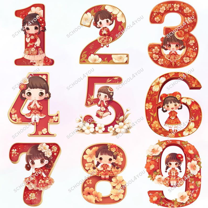 Chinese New Year Alphabet A-Z Numbers 0-9, Digital Clipart Set, Lunar ...