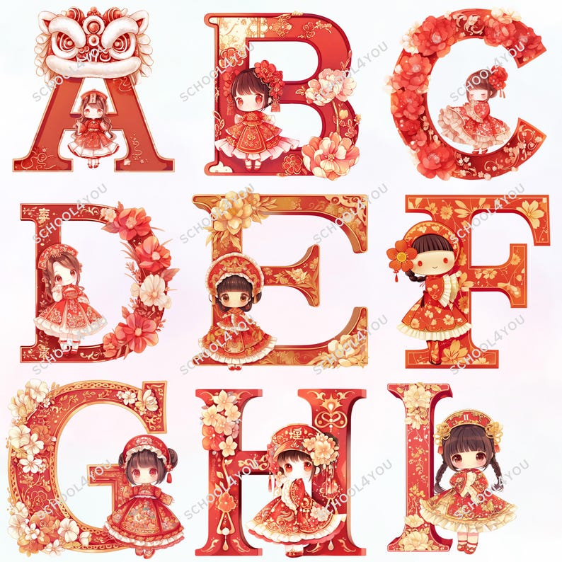Chinese New Year Alphabet A-Z Numbers 0-9, Digital Clipart Set, Lunar ...