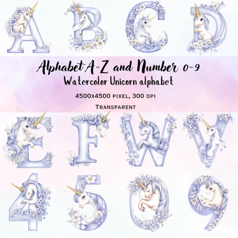 Whimsical Watercolor Blue Unicorn Alphabet Nursery Art, Personalized ...