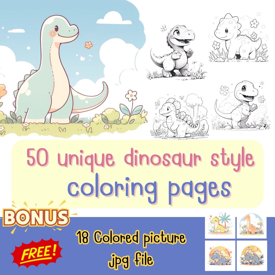 Dinosaur Coloring Pages: 50 Unique Designs + 18 Bonus Pictures (digital ...
