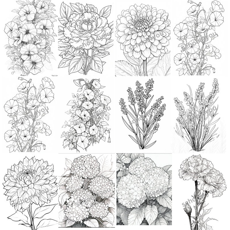 50 Unique Flower Coloring Pages With 17 Different Flower Styles. Free ...