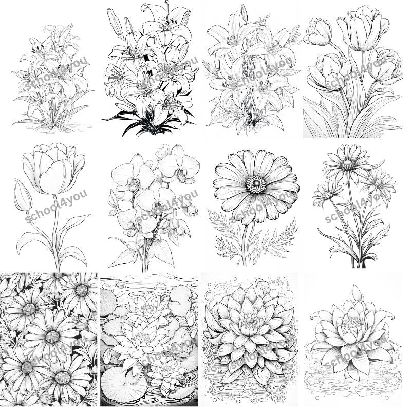 50 Unique Flower Coloring Pages With 17 Different Flower Styles. Free ...
