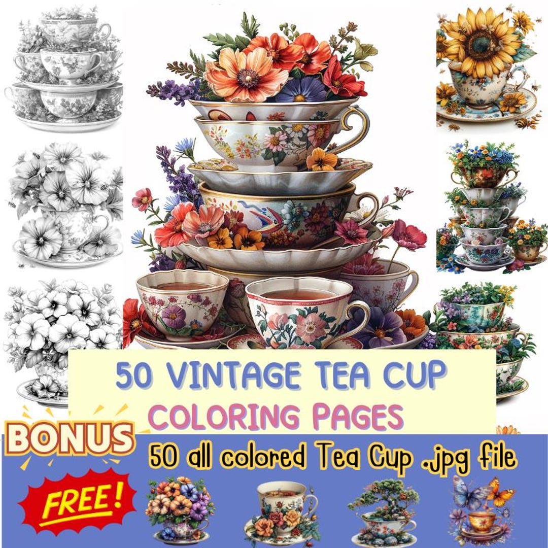 50 Unique Vintage Coloring, Vintage Tea Cup Coloring Pages for Adults ...