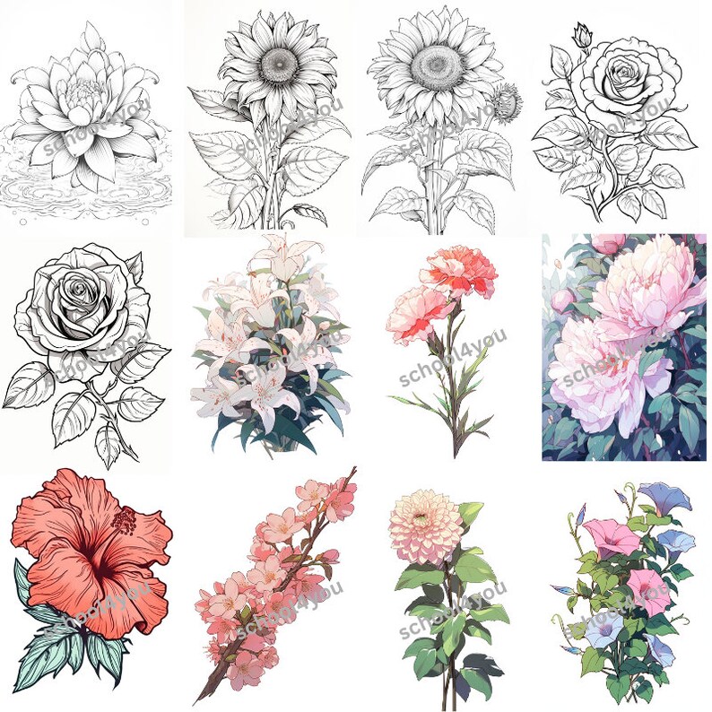 50 Unique Flower Coloring Pages With 17 Different Flower Styles. Free ...