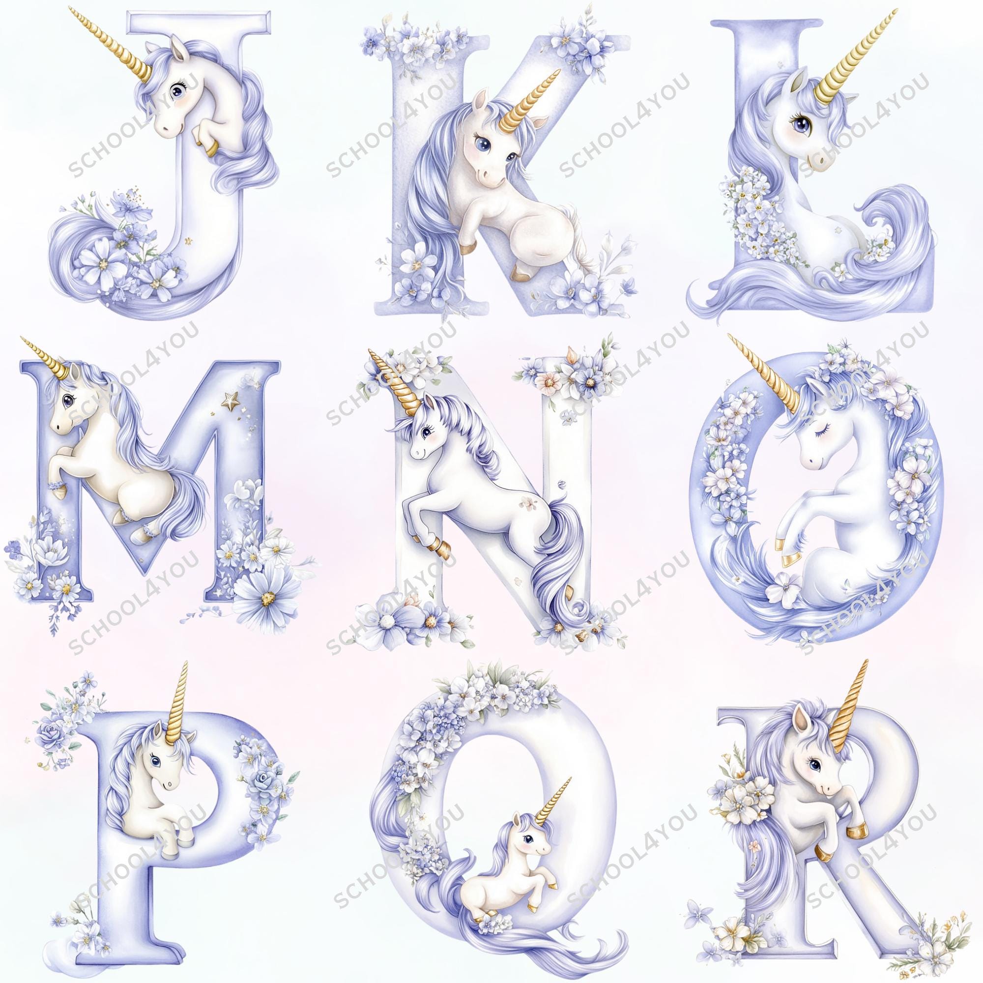 Whimsical Watercolor Blue Unicorn Alphabet Nursery Art, Personalized ...