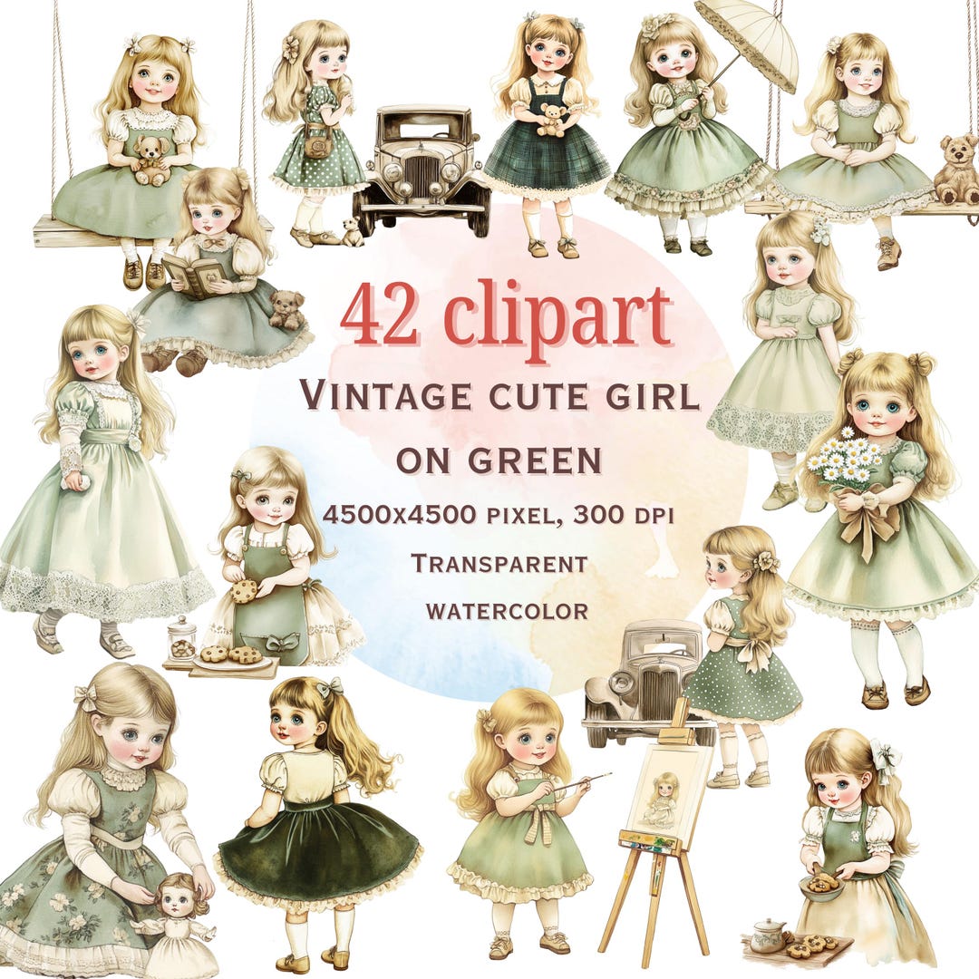 42 Vintage Cute Girls in Green Costumes Clipart Set, Retro Digital ...