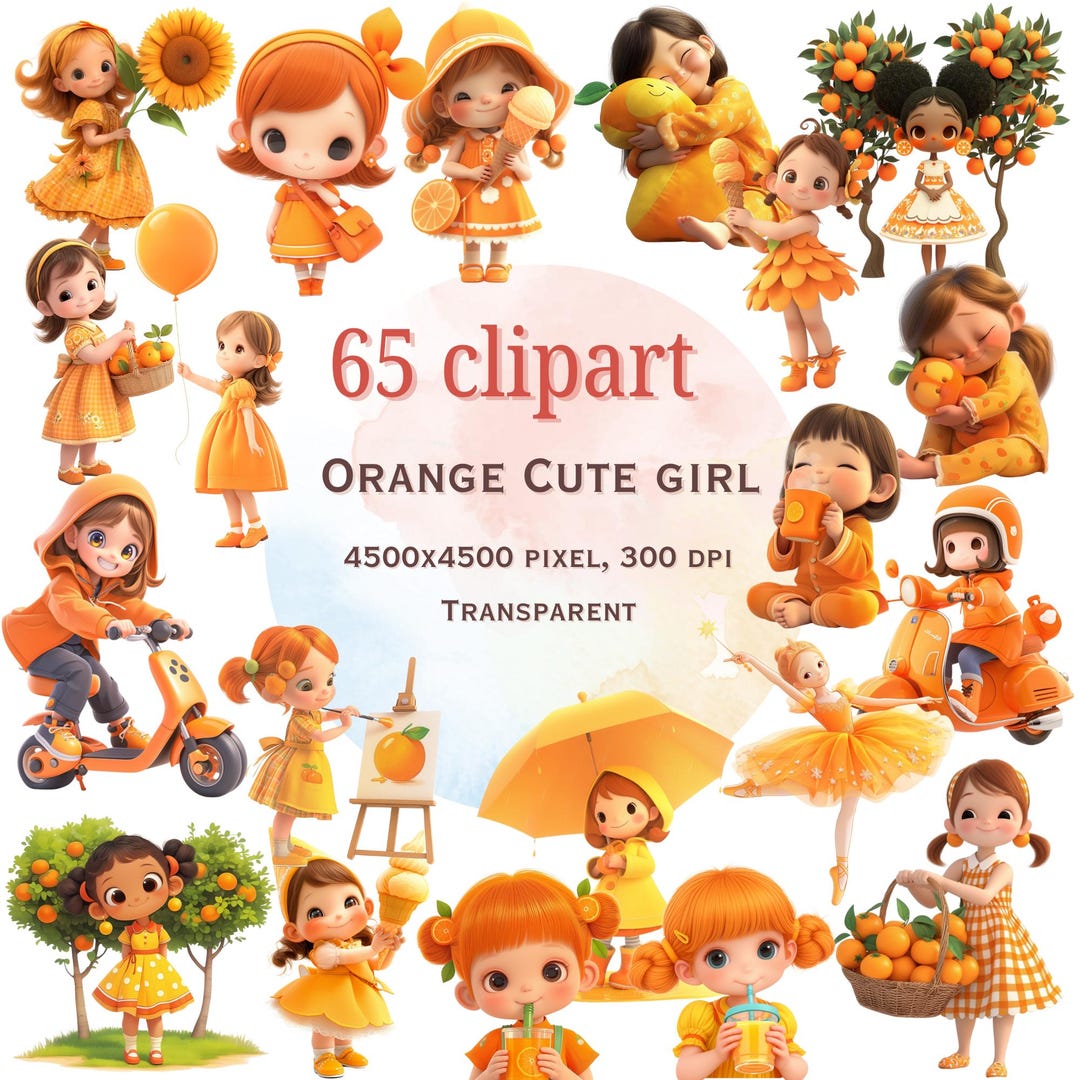 65 Orange Cute Girl Clipart Adorable Orange-themed Actions Unique and ...