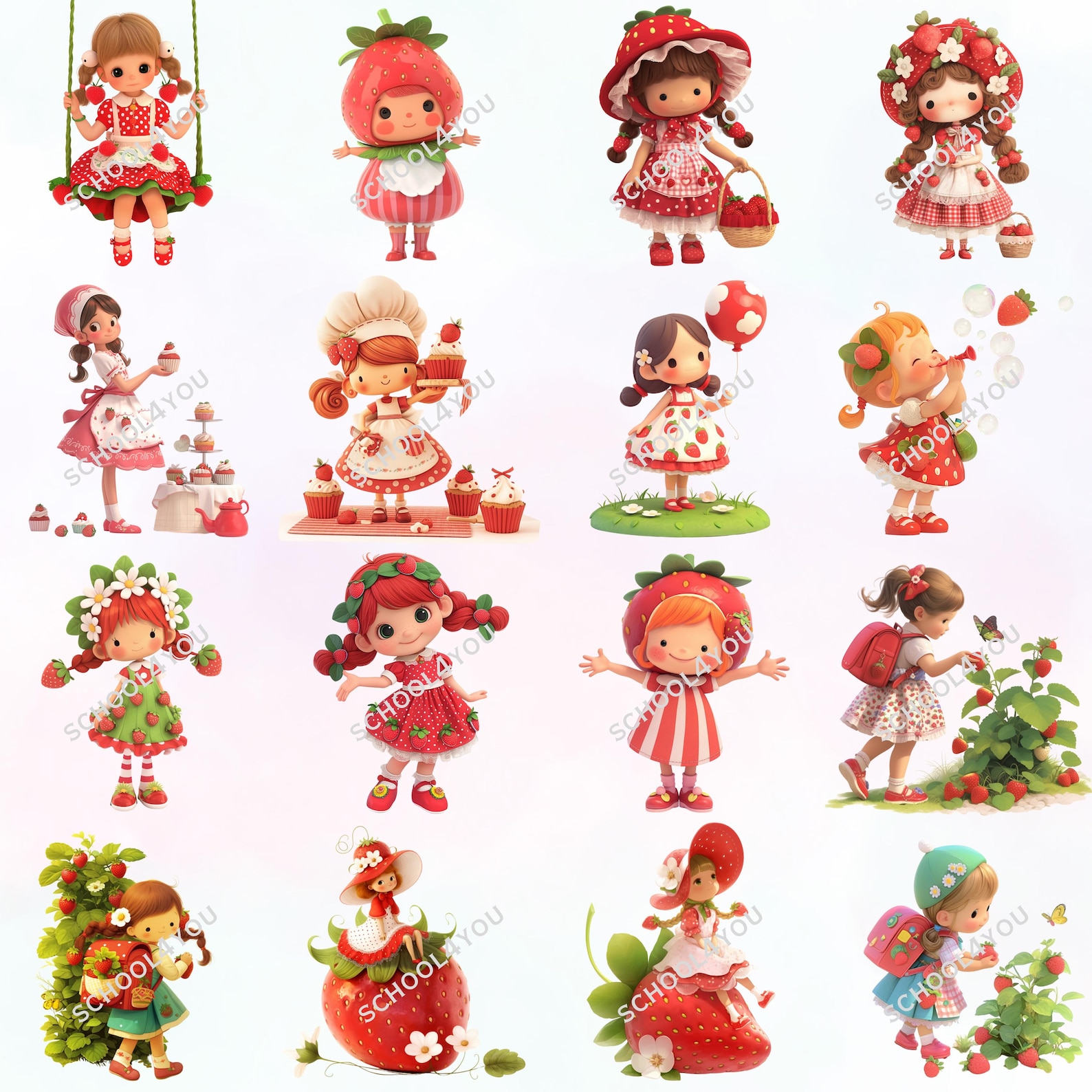 65 Strawberry Cute Girl Clipart | Adorable Strawberry-themed Actions ...