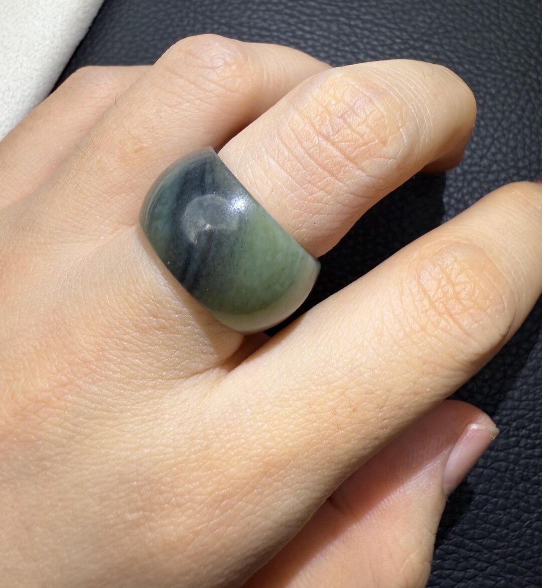 Bicolor Qing Hua Black Ink Jade Ring Band US7 Certified Natural SJ 2861 ...