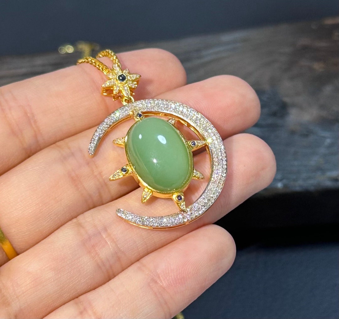 Starry Moon Siberian Powder Green Nephrite Cats Eye Chatoyant Pendant ...