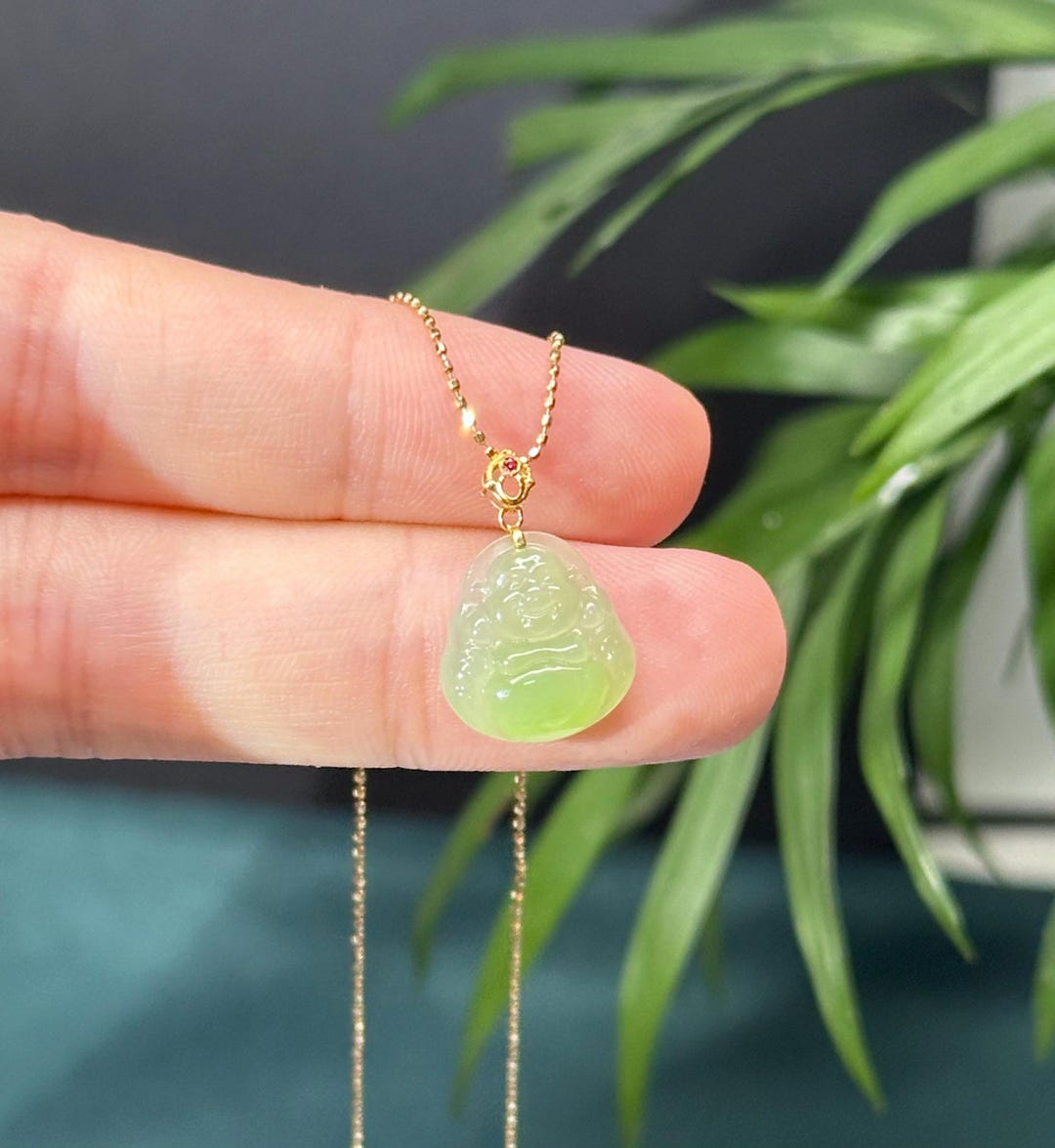 Dainty Laughing Buddha Jade Cui Qing Pendant in 18K Gold Bail Certified ...