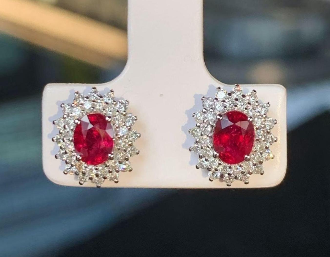 Pigeon Blood Ruby Earrings, 18K White Gold Floral Diamond Studs - Etsy