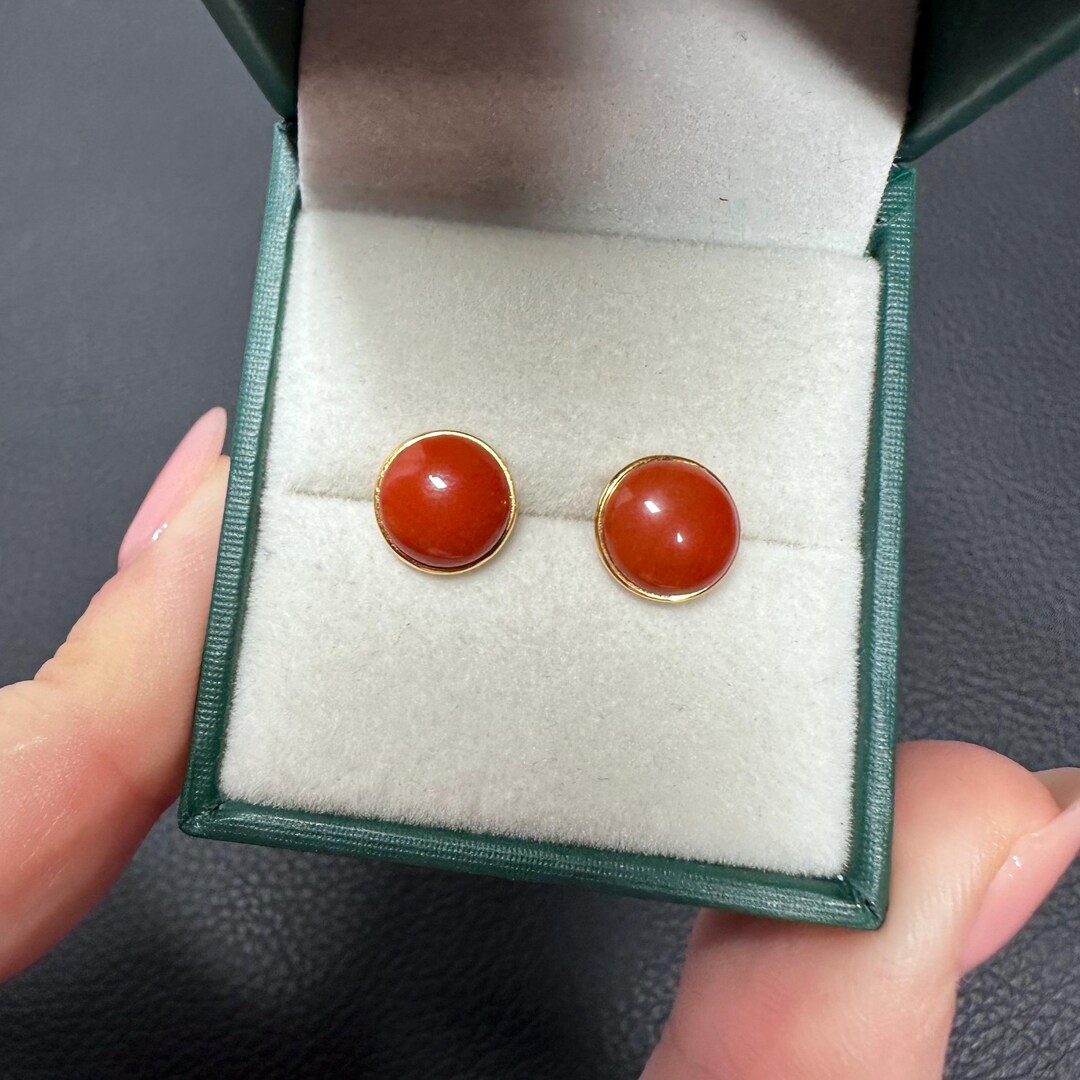 Solid Tomato Red Nan Hong Southern Red Agate Cabochon Stud Earrings in ...