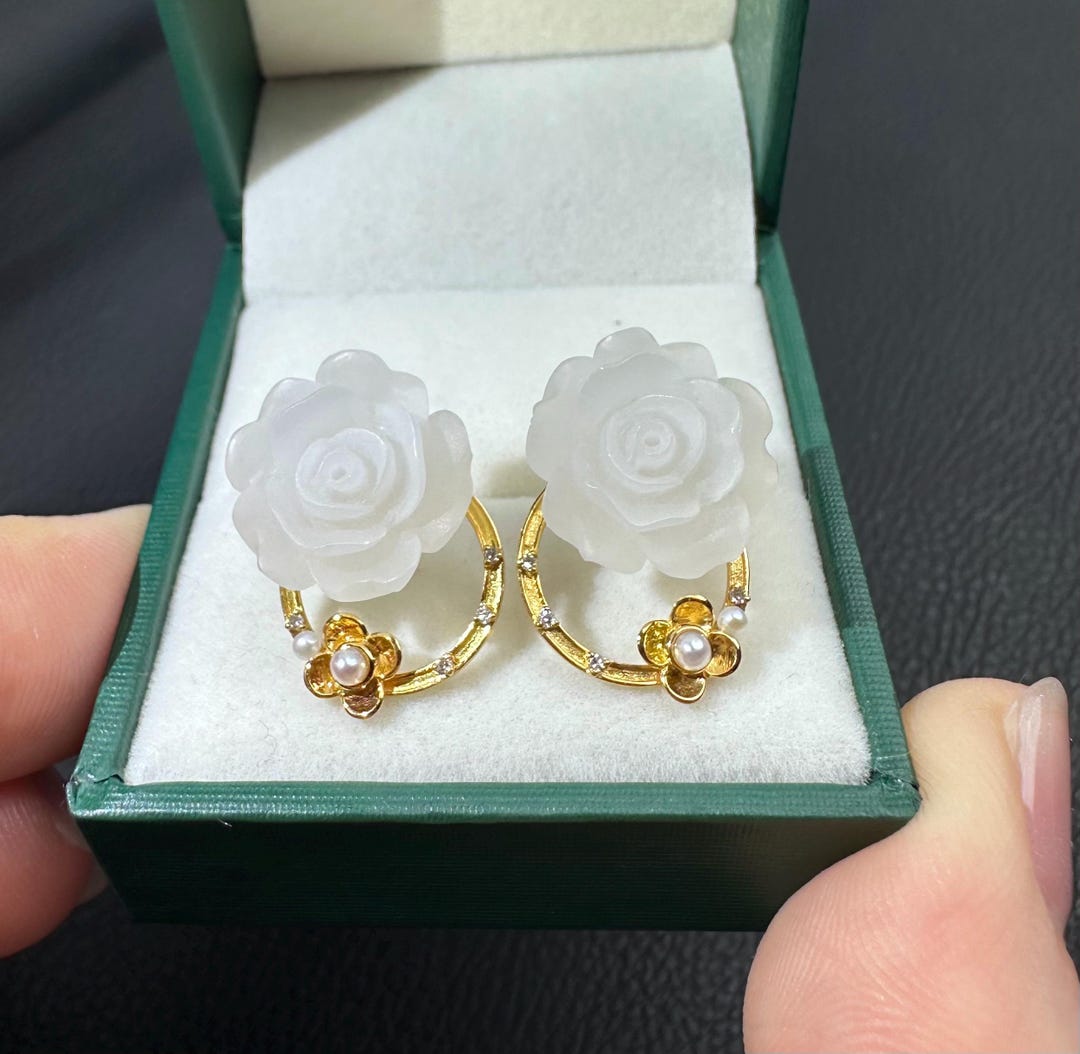 Jade Rose Stud Earrings Fat Mutton Jade White Nephrite Setting 18K ...