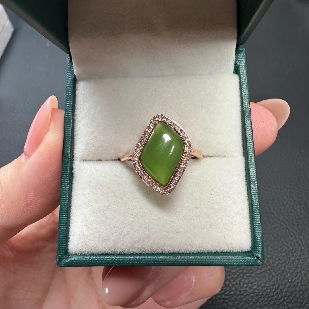 Cat's Eye Green Nephrite Chatoyant Cabochon Setting 18K Solid Rose Gold ...