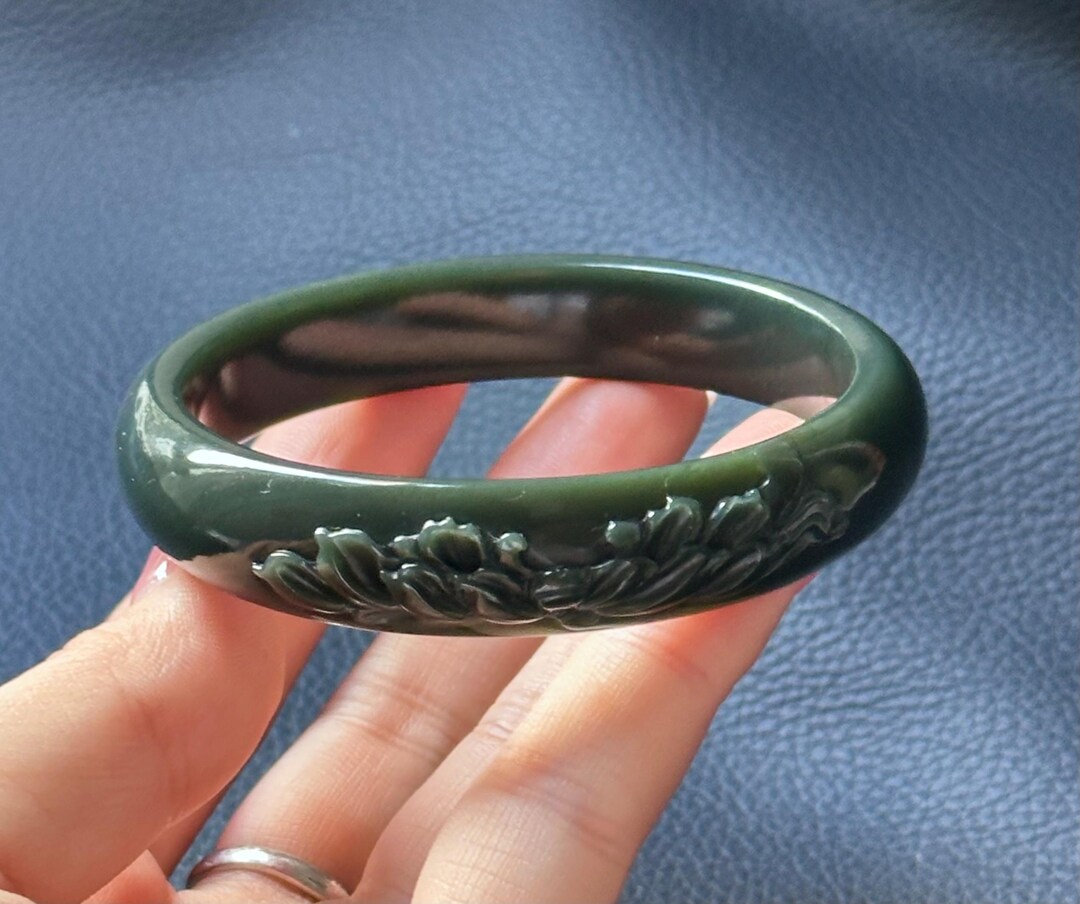 Hand-carved Green Jade Bangle With Lotus & Goldfish Design | Nature ...