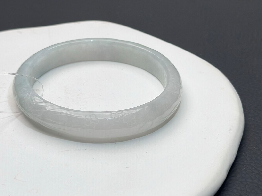 53.7mm Type A Burmese Jade Translucent Oval Shape Bangle Carving Lotus ...