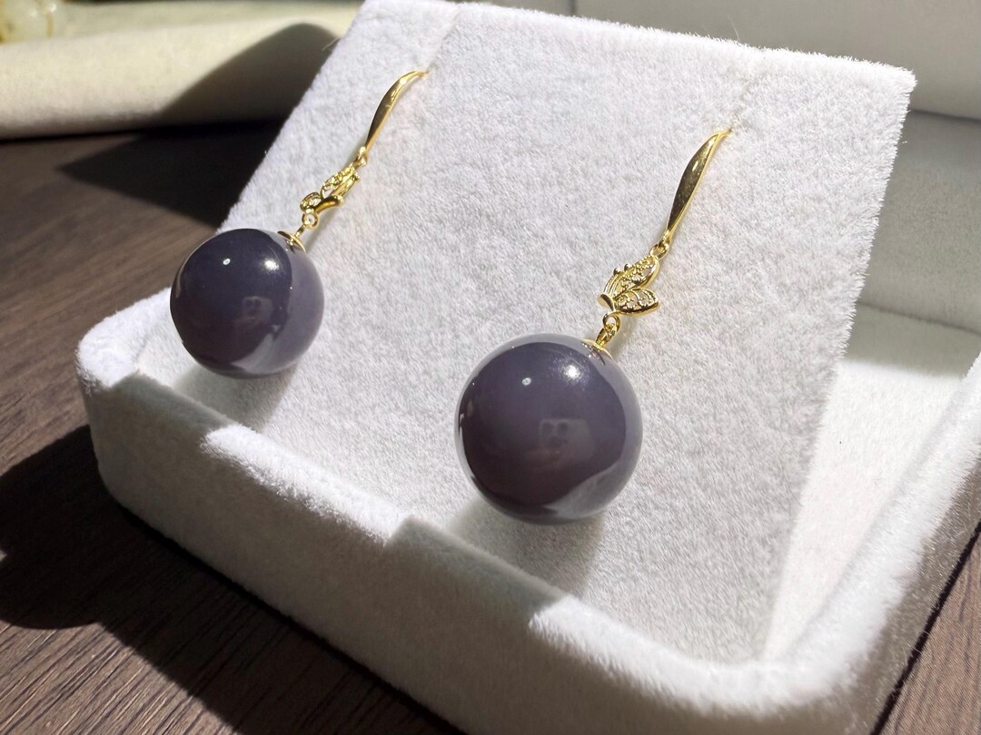 18K Gold Imperial Purple Nephrite 12mm Bead Dangling Earrings Certified ...
