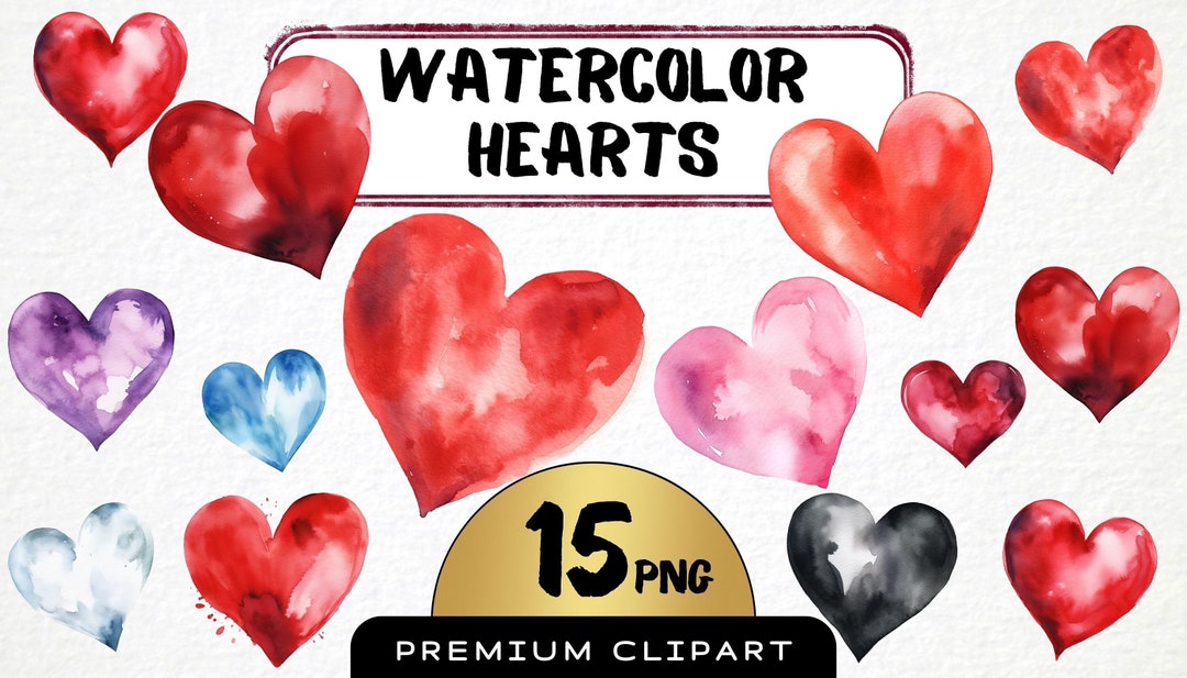 Watercolor Heart Clipart Bundle, Set of 15, Heart PNG Digital Art ...