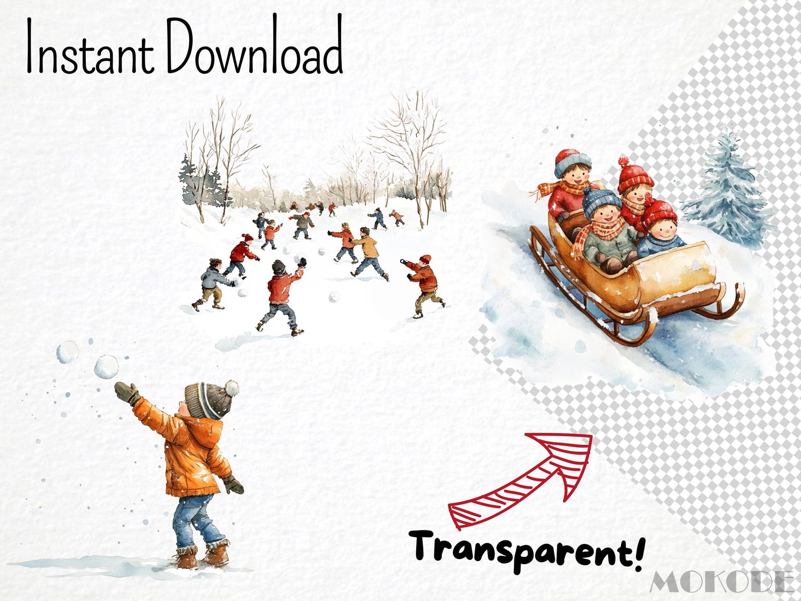 Watercolor Winter Fun Clipart 22 Png, Kids Playing in Snow, Christmas ...
