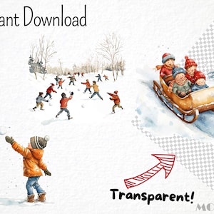 Watercolor Winter Fun Clipart 22 Png, Kids Playing in Snow, Christmas ...