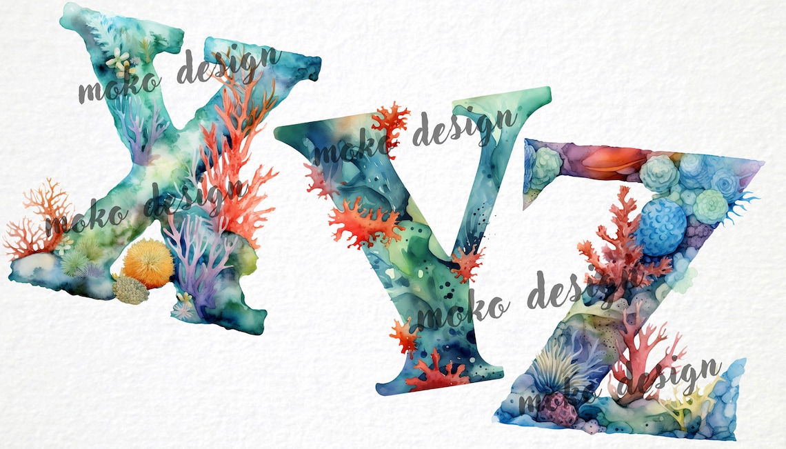 Watercolor Coral Reef Alphabet Clipart, Nautical Ocean Letters (digital ...