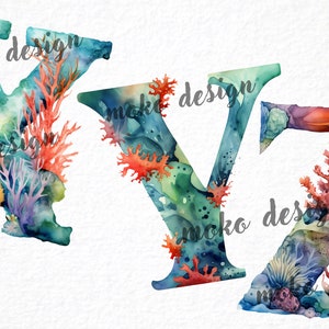 Watercolor Nautical Alphabet Clip Art Font Coral Reef Watercolor ...