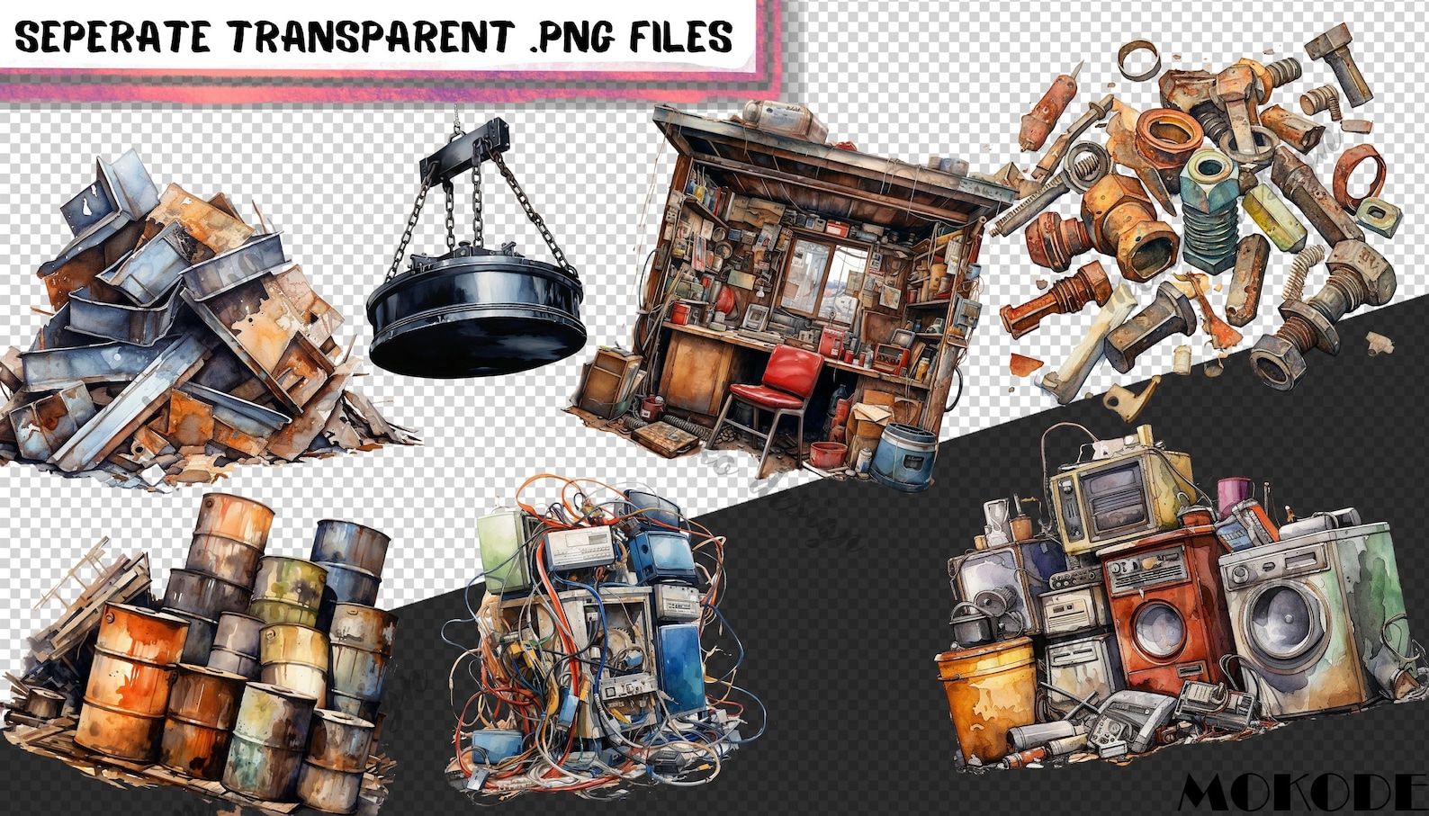 Junkyard Clipart Bundle, Scrap Metal Graphics, Excavator, Rusted Parts ...