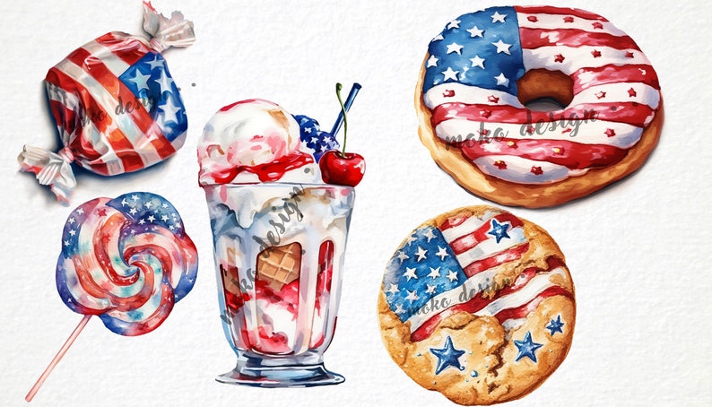 4th of July Sweets Clip Art: Watercolor Patriotic Candy (digital ...