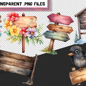 Wooden Sign Watercolor Clipart Wood Sign Illustration, Set of 40 ...