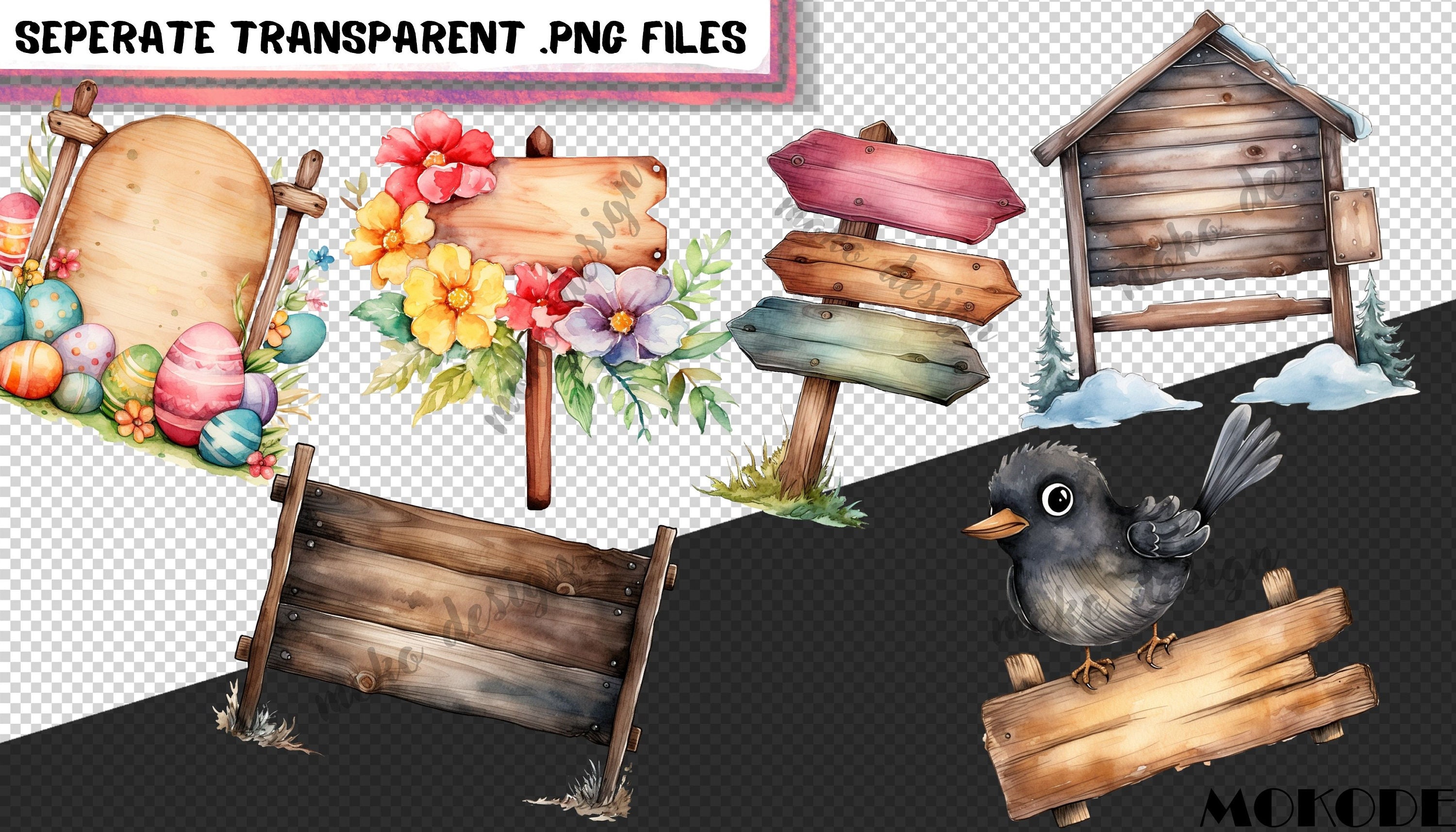 Wooden Sign Watercolor Clipart Wood Sign Illustration Set of - Etsy