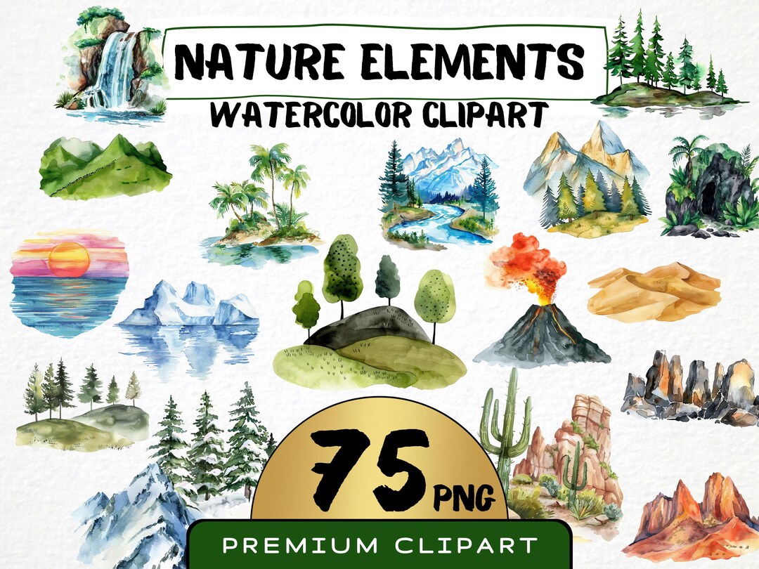 Watercolor Landscape Clipart, Nature Elements, Biomes (75 PNG) (digital ...