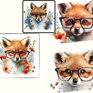 Cute Fox in Glasses Clip Art Funny Animal Design Bundle, Watercolor ...