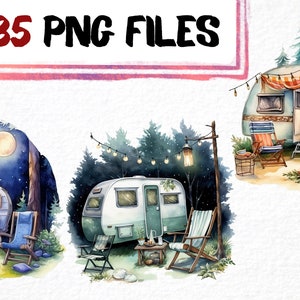 Van Life Campers Clipart, Set of 35, Watercolor Cute Caravan Camping ...