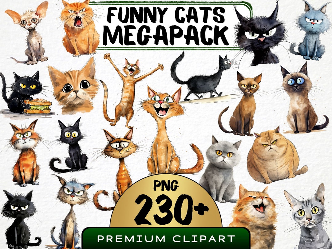 Funny Cats Megabundle Clipart 230 Png, Cute Kitty Watercolor, Quirky ...